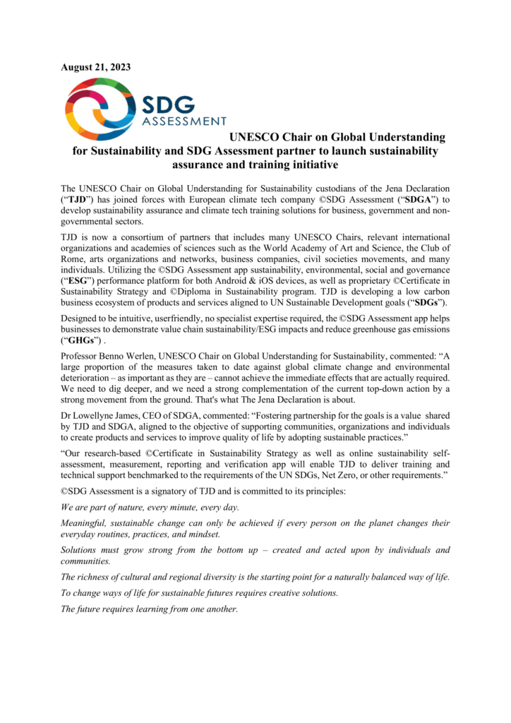 UNESCO Chair on Global Understanding for Sustainability and SDG Assessment partner to launch ...